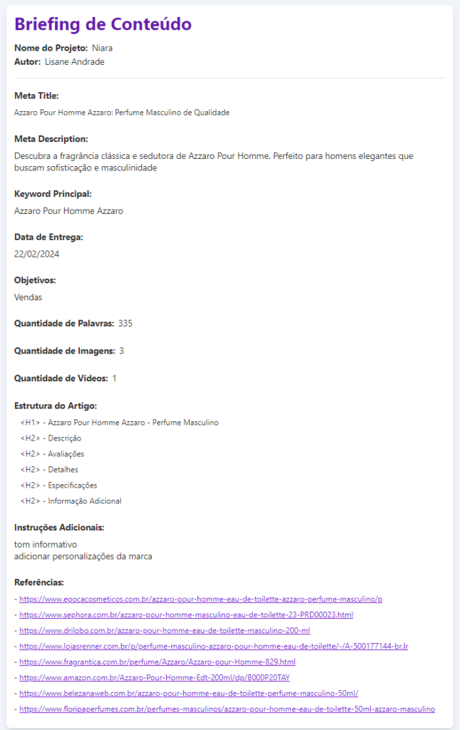 3 exemplos de briefings de conteúdo gerados pelo Briefing SEO | Niara